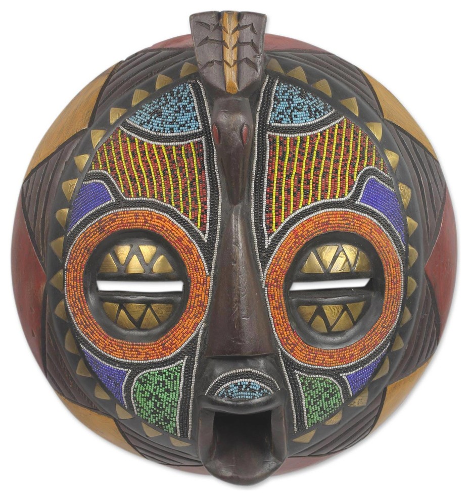 Akan Anoma African Beaded Wood Mask - Tropical - Decorative Objects And ...
