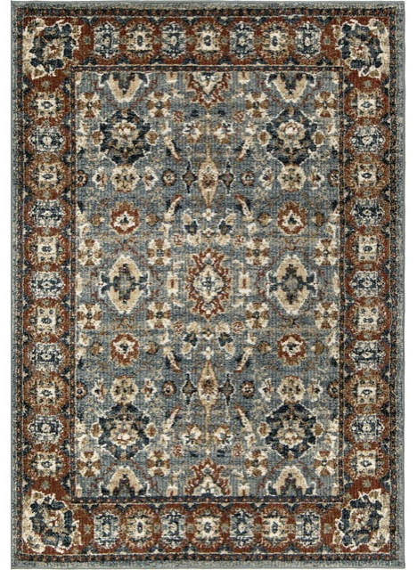 Traditional Indigo Floral Rug 7'6" x 9'6", Persian Border, Machine ...