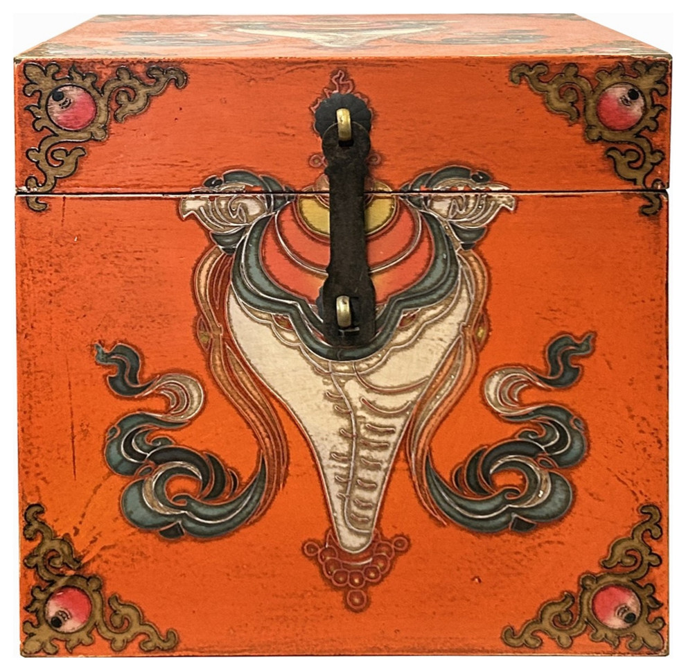 Chinese Distressed Orange Conch Graphic Square Shape Box Hws3496 ...