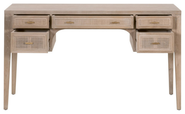 Benzara BM282141 Reclaimed Wood Writing Desk, 5 Drawers, Cane, Natural ...