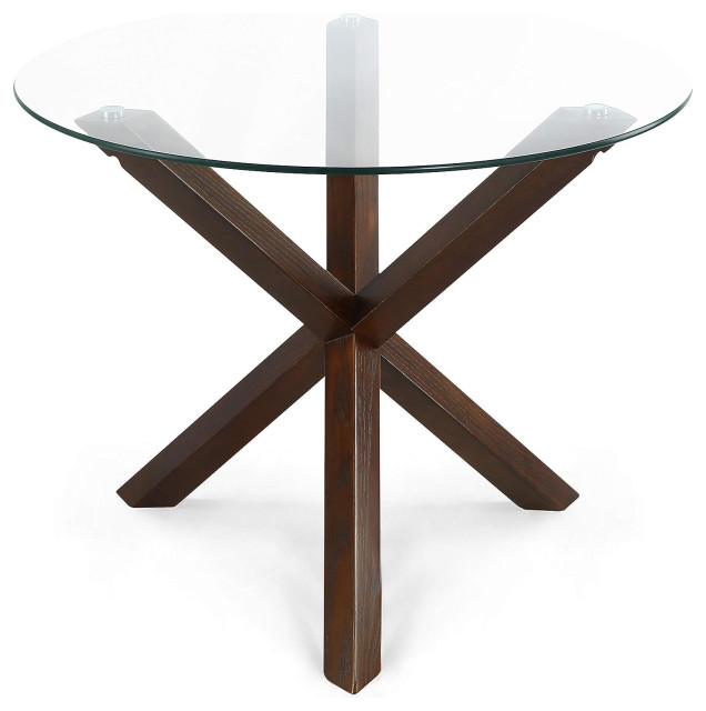 Contemporary Coffee Table, Interlocking Rubberwood Legs With Glass Top ...