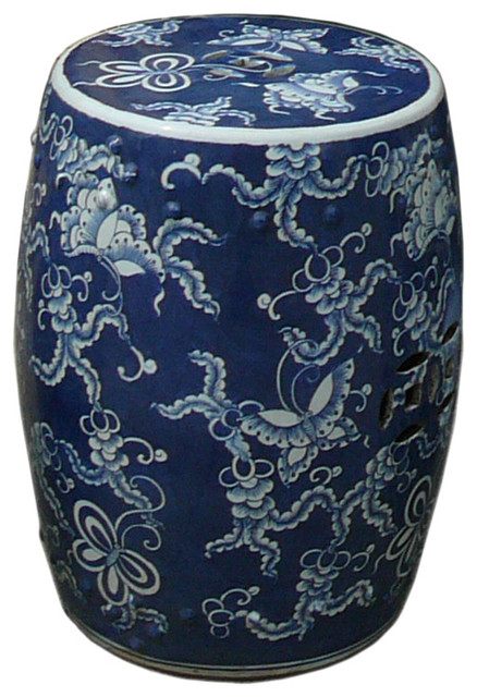Chinese Blue and White Porcelain Round Butterflies Stool - Asian ...