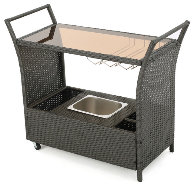 Mystique Outdoor Wicker Bar Cart With Tempered Glass Top - Tropical ...
