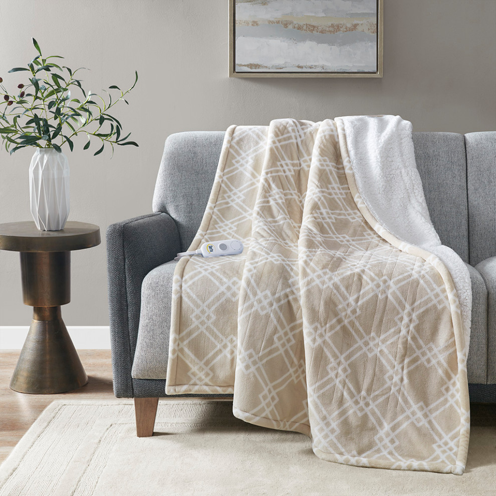 Serta Printed Plush Heated Throw, Tan, 50x60" - Contemporary - Throws ...
