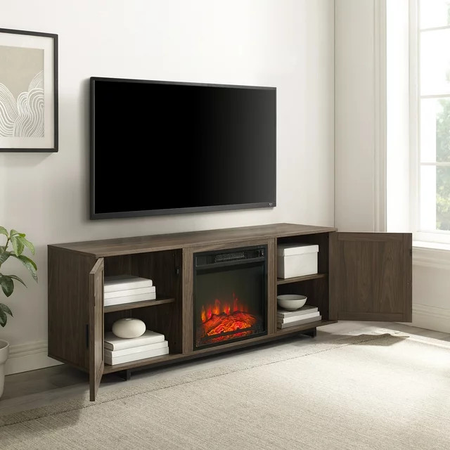 Walnut TV Stand for TVs up to 58", Center Fireplace & Slatted Door ...