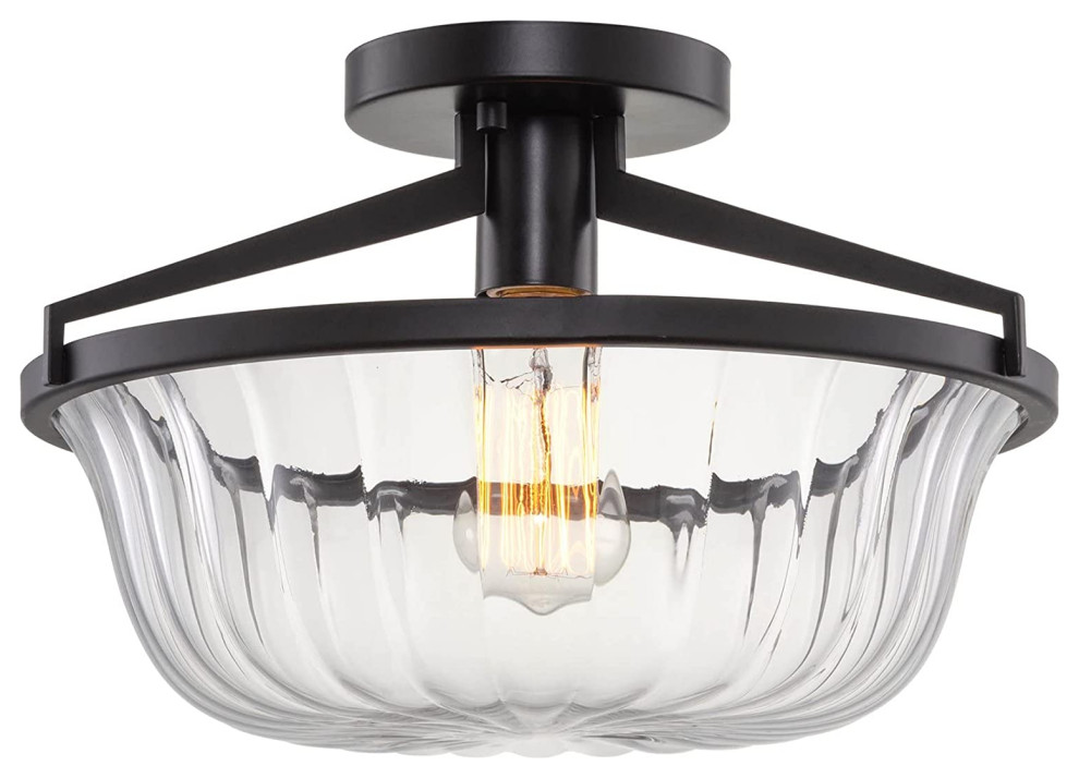 Modern Farmhouse Semi Flush Mount Ceiling Lamp, Black, Glass ...