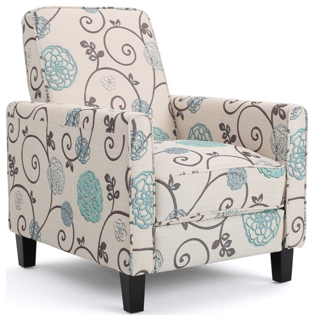 Charming White/Blue Floral Fabric Recliner with Cushioned Seat and ...
