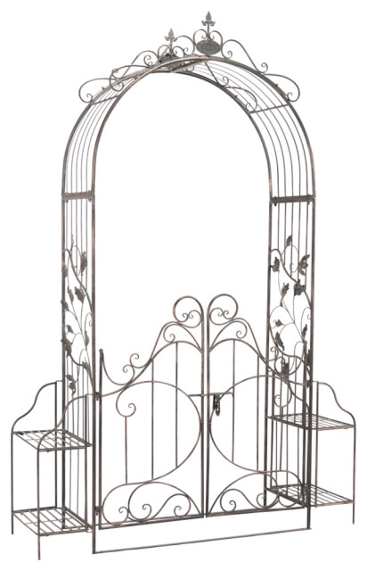 Iron Garden Gate With Side Plant Stands, Copper Bronze - Industrial ...