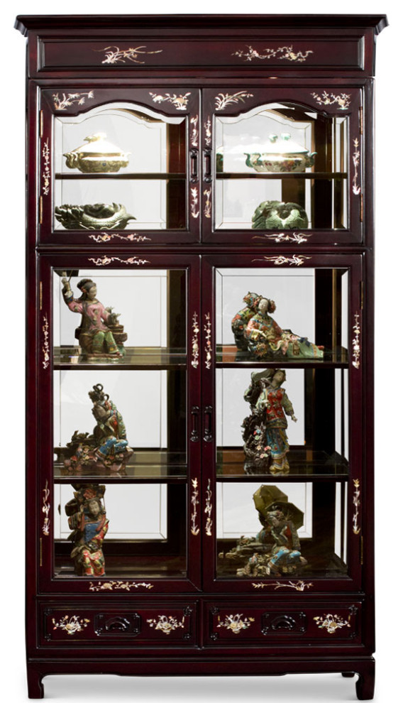 Dark Cherry Rosewood Oriental Curio Cabinet with Mother of Pearl Inlay ...