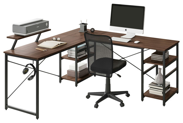 Techni Mobili L-Shape Industrial Desk with storage shelves, Walnut ...