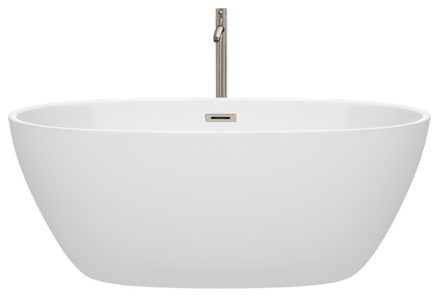 Juno 59" Freestanding Bathtub, White, Overflow Trim, Brushed Nickel ...