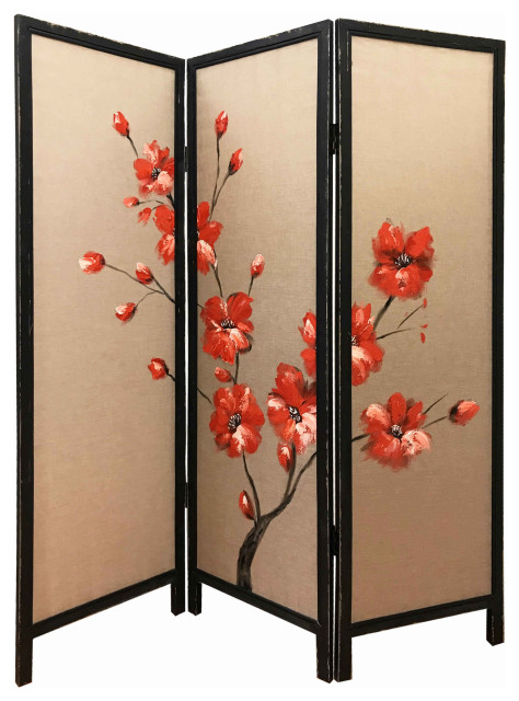 Benzara BM205894 3 Panel Wooden Screen with Hand painted Fabric Design ...