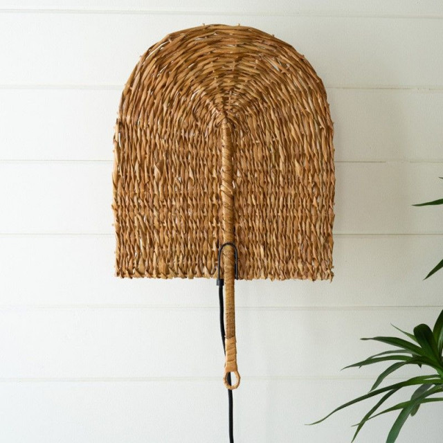 Woven Seagrass Rattan Fan Shape Wall Sconce 23.5 in Arch Leaf Tropical ...