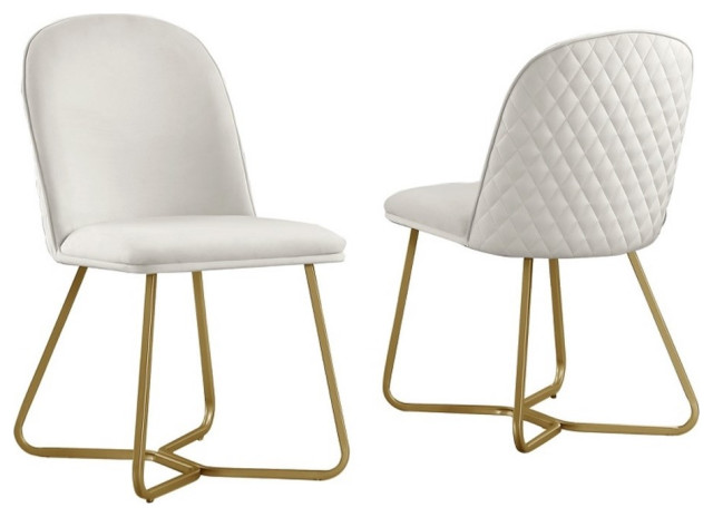 Quilted Back Side Chairs Set of 2 in Cream Velvet and Gold Base ...