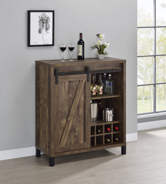 Wood Bar Cabinet with Wine Rack and shelves, Rustic Oak and Black ...