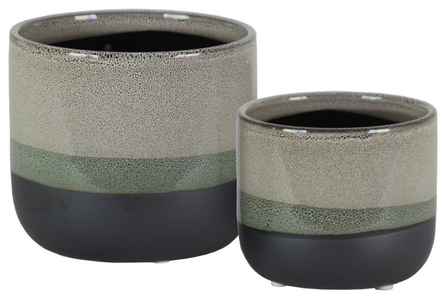 Round Stoneware Pot With Tapered Bottom, Set of 2, Gray and Black ...