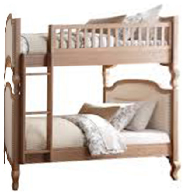 82" X 44" X 73" Twin Over Twin Cream Linen Salvage Oak Fabric Bunk Bed ...