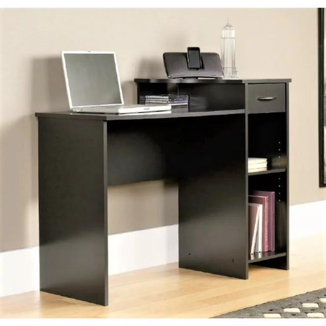 Modern Desk, Rectangular Top With Raised Shelf & Storage Drawers ...