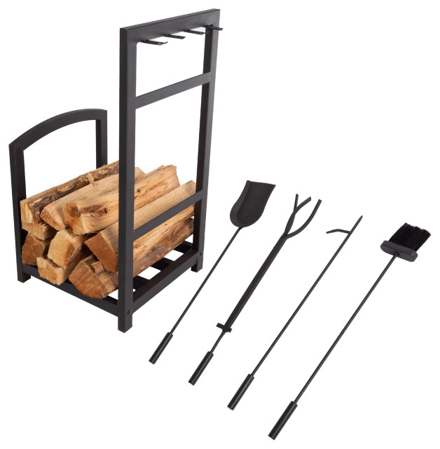 5-Piece Fireplace Tool Set Matte Black Mission Style Firewood Holder ...
