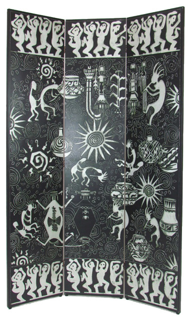 Foldable 3 Panel Room Divider with Tribal Print, Black and Silver ...