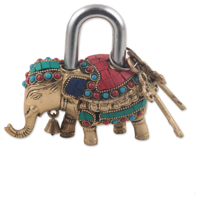 Novica Handmade Festive Elephant Brass Lock And Key Set - Contemporary ...