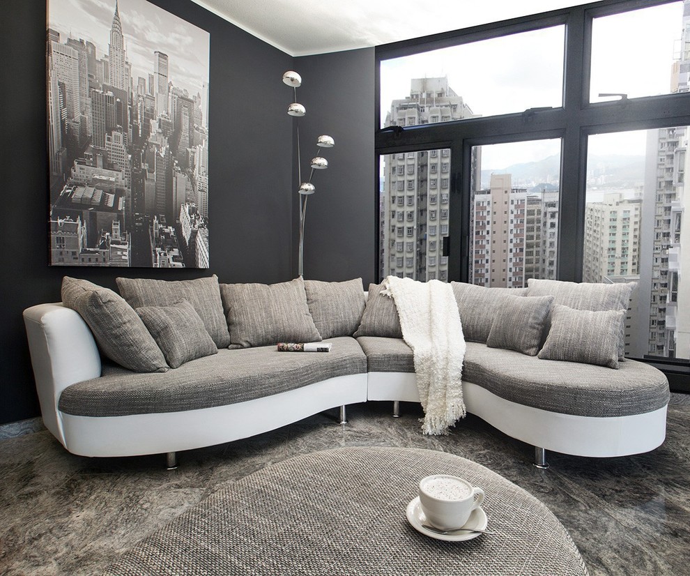 Rundsofa Danylo 305x220cm Weiss Hellgrau mit Sitzhocker - Contemporary ...