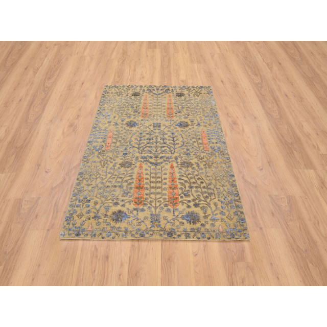 Almond Brown, Hand Knotted Cypress Tree Design, Silk With Wool Rug, 4'1 ...