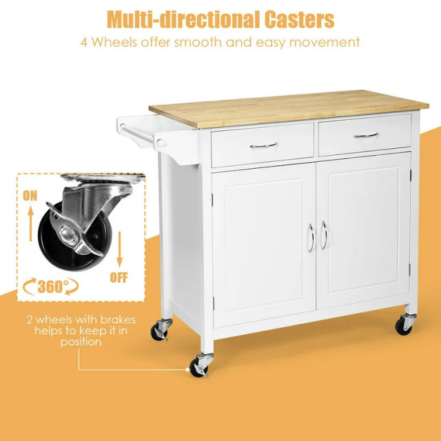 Modern Kitchen Cart, Rubberwood Frame With Cabinet & 2 Drawers, White ...
