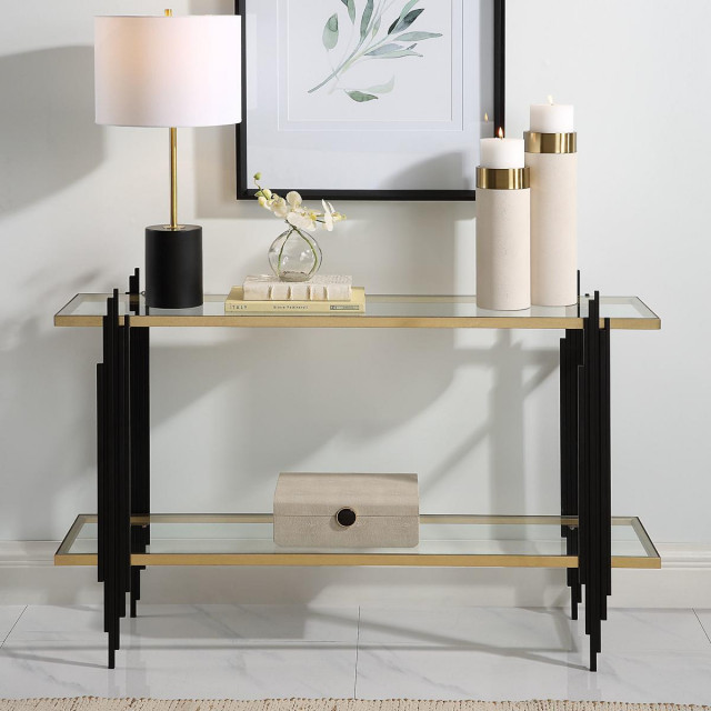 Empire Console Table, Gold Leaf and Matte Black with Clear Glass ...