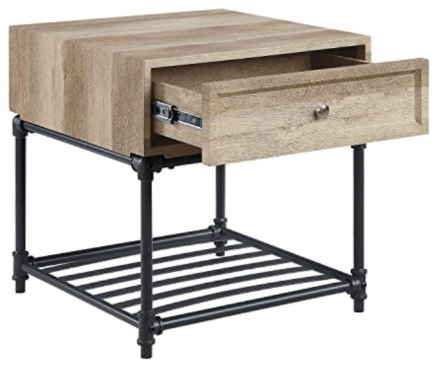 Industrial End Table, Pipe Metal Frame With Slatted Shelf & Storage ...