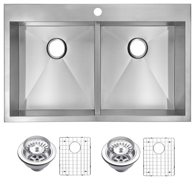 Zero Radius 50/50 Double Drop In Sink With Drain, Strainers, & Bottom ...