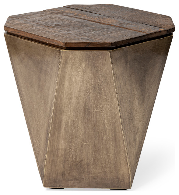 Esagono Octagonal Gold Metal-Clad Reclaimed Wood End/Side Table With ...