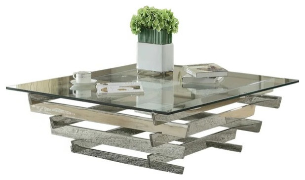 Unique Silver Coffee Table with Square Glass Top and Asymmetrical Metal ...