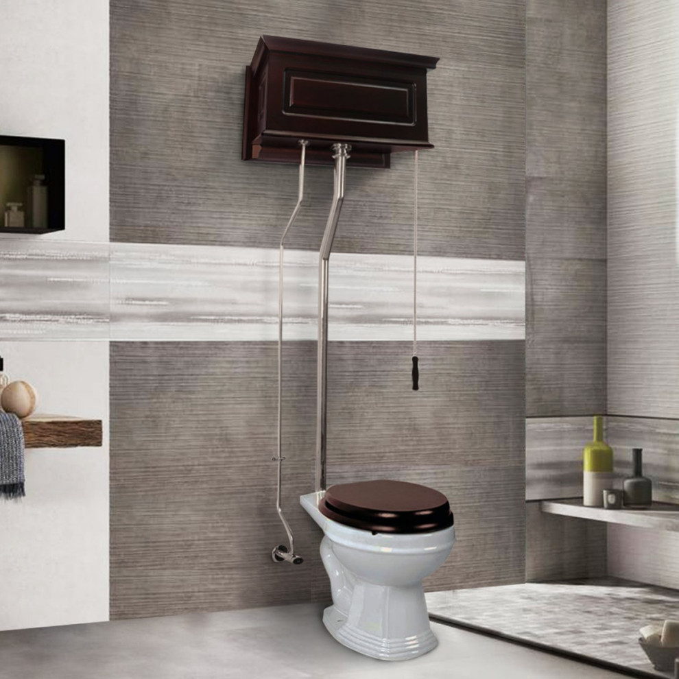 Dark Oak High Tank Pull Chain Toilet with White Round Bowl & Chrome ...