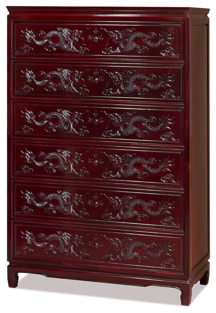 Dark Cherry Rosewood Dragon High Chinese Chest of Drawers - Asian ...