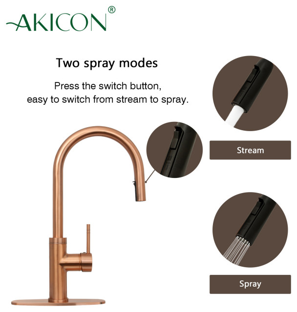 Akicon™ Copper Pull Out Kitchen Faucet With Deck Plate, Single Level ...
