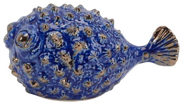 Decorative Ceramic Puffer Fish Figurine with Spiked Accents, Gold and ...