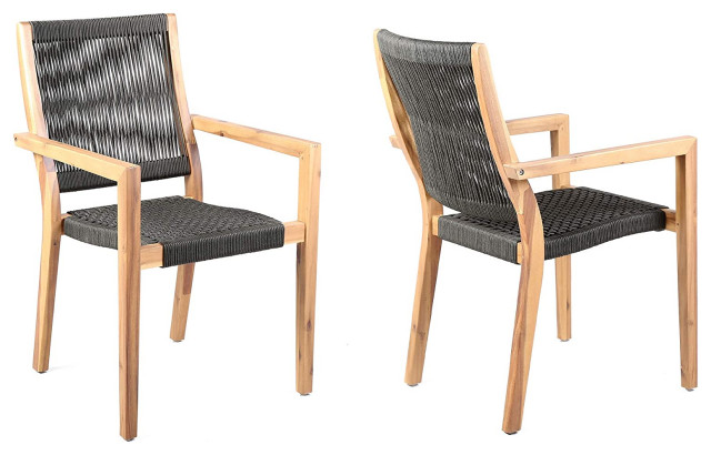 Set of 2 Patio Dining Chair, Charcoal Rope Back With Unique Fishbone ...