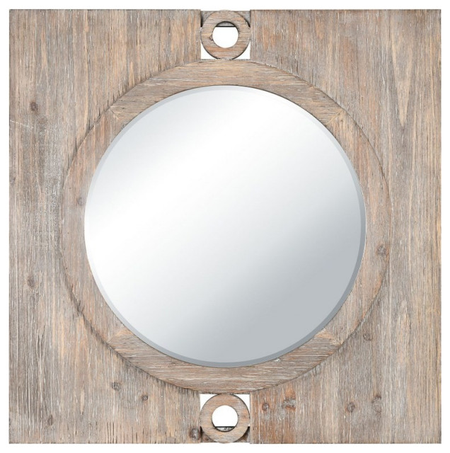 Farmhouse Square Shape Round Design Wall Mirror in Brown Finish Natural ...