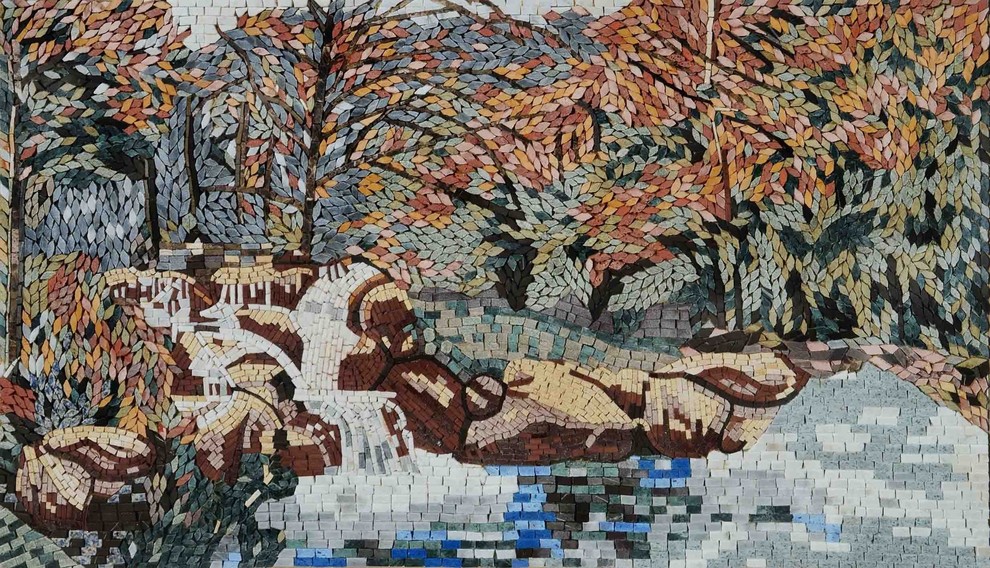 Mosaic Art, Fall Mosaic Landscapes, 71" x 39" - Rustic - Tile Murals ...