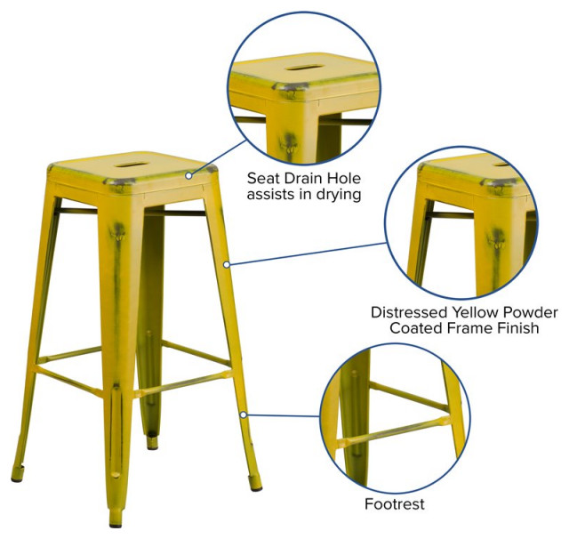Flash Furniture 30" Metal Backless Bar Stool in Distressed Yellow, 30 ...