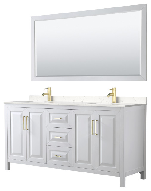Daria 72" White Double Vanity, Carrara Marble Top, 70" Mirror, Brushed ...