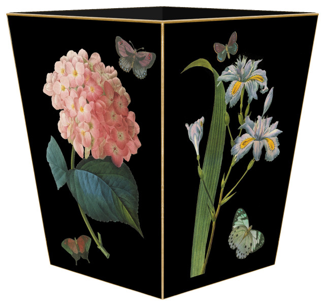 Vintage Pink Roses and Blue Irises on Black Wastepaper Basket ...