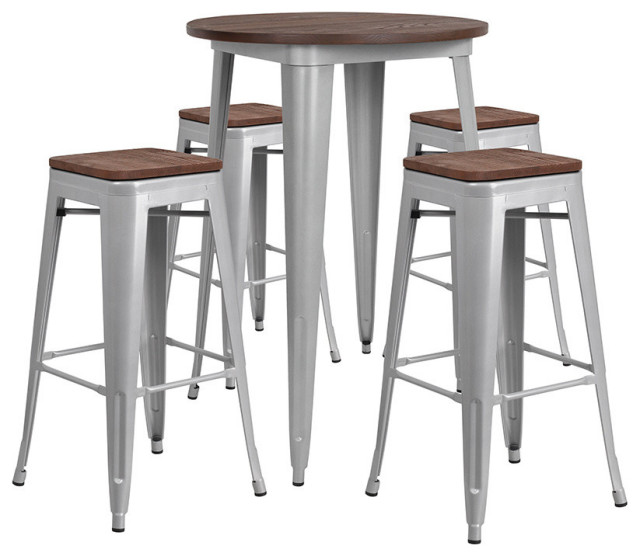 30" Round Silver Metal Bar Table Set with Wood Top and 4 Backless ...