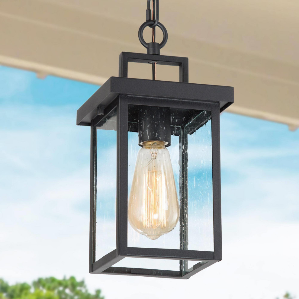 1-Light Square Outdoor Pendant Lantern Lamp with Seeded Glass, Black ...
