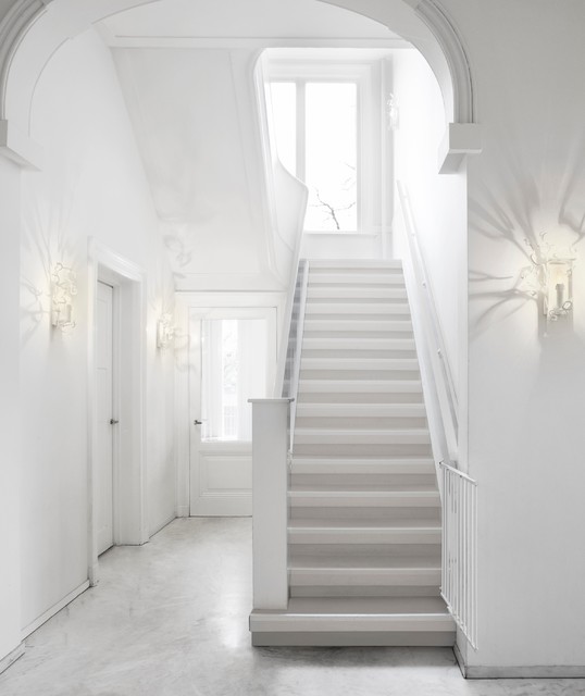 Pure white hall and staircase with lots of light - Transitional ...