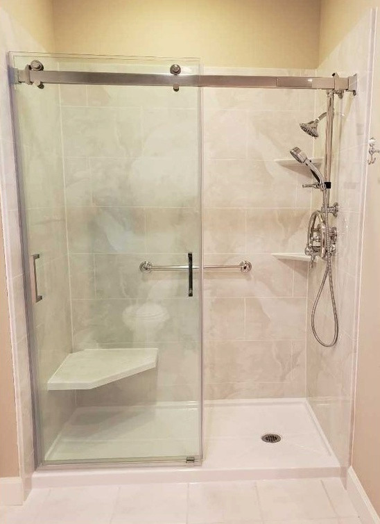Silver White Marble shower w/ Roman Block Simulated Tile - Bathroom ...