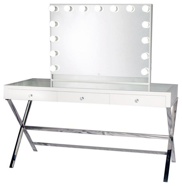 Glam Vanity Mirror With Dimmer, Table and Chair, White - Contemporary ...