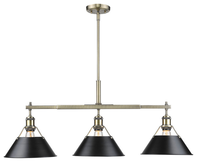 Orwell 3-Light Linear Pendant, Aged Brass Black Shade - Industrial ...
