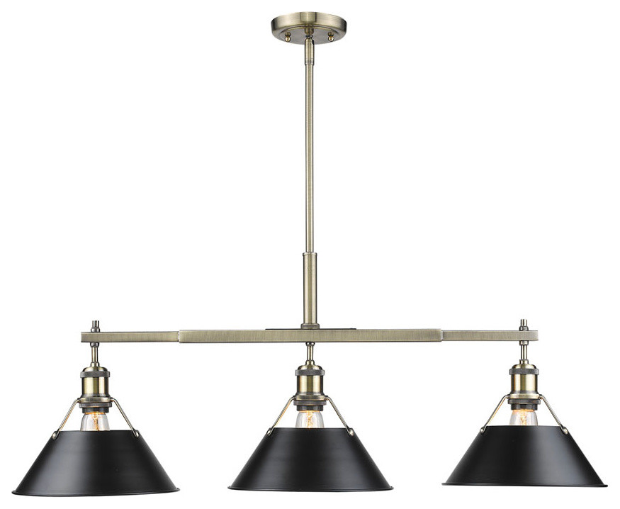 Orwell 3-Light Linear Pendant, Aged Brass Black Shade - Industrial ...